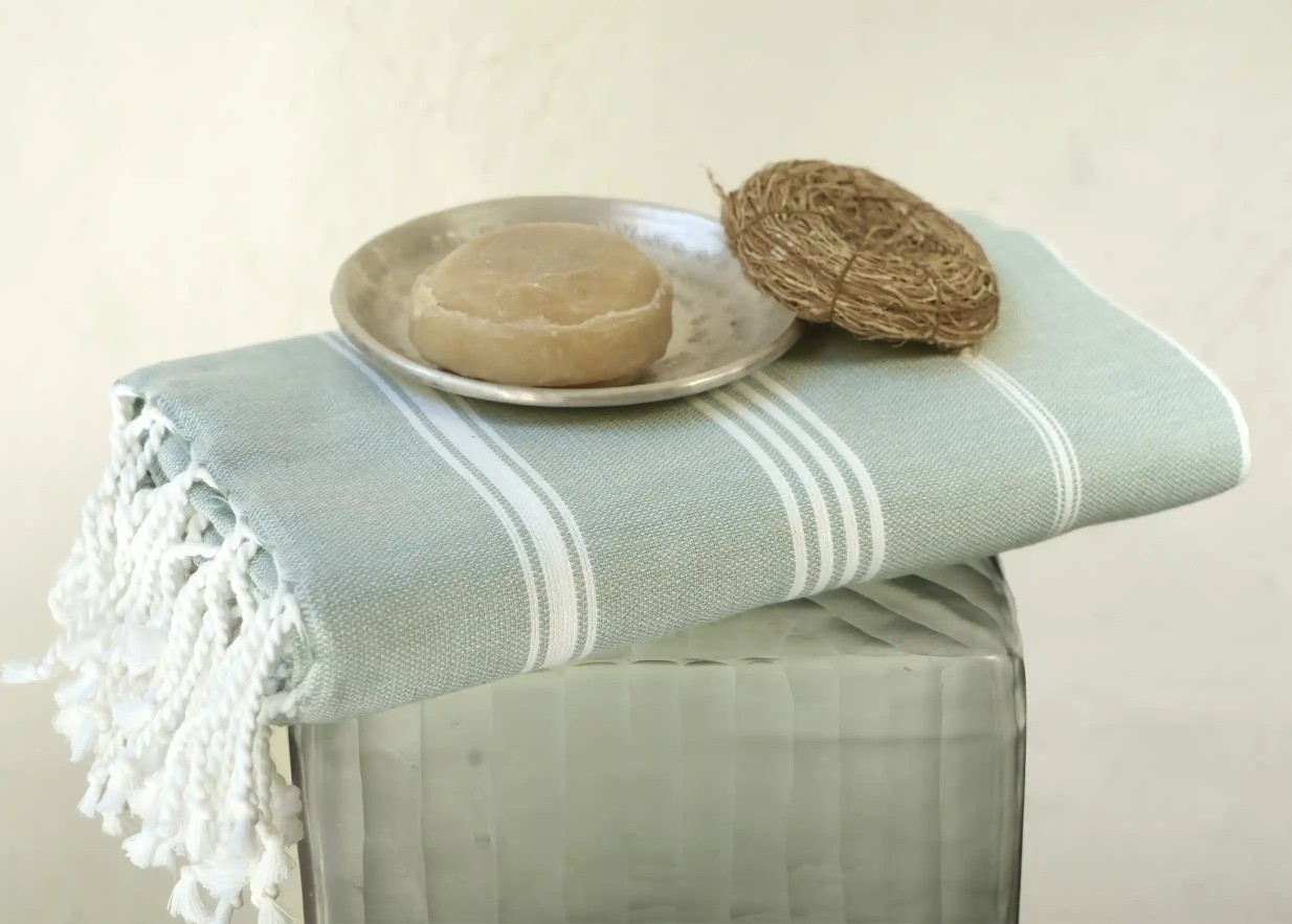 Fouta bleu eucalyptus en coton bio, collection Hammam